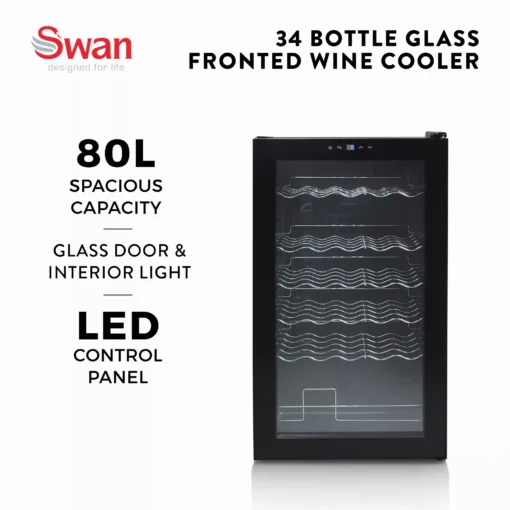 Swan SR12040BN 34 Bottle Glass Fronted Wine Cooler - LED Display - 80L ...